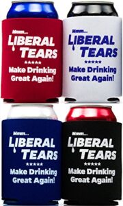 republican supporting liberal tears drink insulators 4 pack in black, red, white, and blue. perfect american patriotic gift for dad, husband and conservatives. collapsible coolers for 12oz - 16oz cans