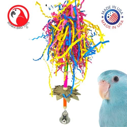 Bonka Bird Toys 1370 Foraging Stand Small Bird Toy Crinkly Chew Shred Paper Natural Woven Palm Leaf Flower Wood Bead Plastic Cockatiel Parakeet Conures