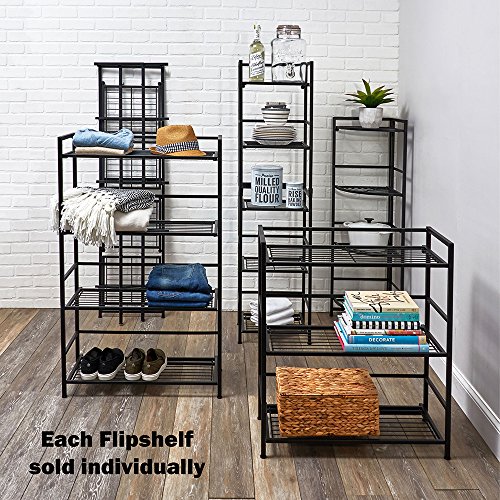 Flipshelf-Folding Metal Bookcase-Small Space Solution-No Assembly-Home, Kitchen, Bathroom And Office Shelving-Black, 3 Shelves, Narrow