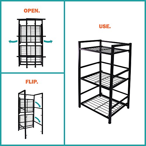 Flipshelf-Folding Metal Bookcase-Small Space Solution-No Assembly-Home, Kitchen, Bathroom And Office Shelving-Black, 3 Shelves, Narrow