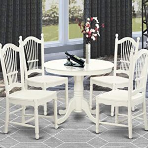 East West Furniture Antique 5 Piece Room Furniture Set Includes a Round Kitchen Table with Pedestal and 4 Dining Chairs, Linen White