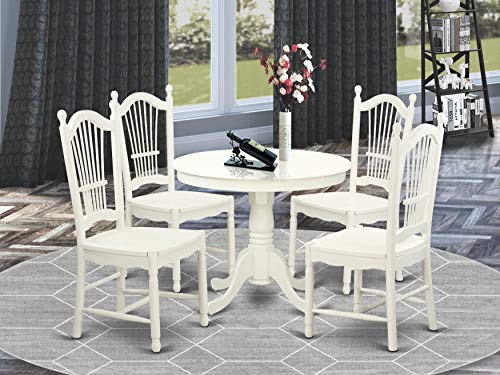 East West Furniture Antique 5 Piece Room Furniture Set Includes a Round Kitchen Table with Pedestal and 4 Dining Chairs, Linen White