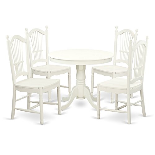 East West Furniture Antique 5 Piece Room Furniture Set Includes a Round Kitchen Table with Pedestal and 4 Dining Chairs, Linen White