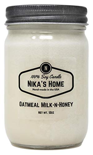 Nika's Home Oatmeal Milk-n-Honey Soy Candle 12oz Mason Jar Non-Toxic White Soy Candle-Hand Poured Handmade, Long Burning 50-60 Hours Highly Scented All Natural, Clean Burning Candle Gift Décor