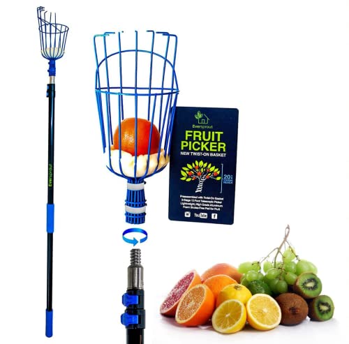 EVERSPROUT 12-Foot Fruit Picker (20+ Foot Reach) | Telescoping Fruit Picker Pole, Easy to Attach Twist-On Apple Basket | Lightweight, High-Grade Aluminum Extension Pole with Fruit Picker Basket