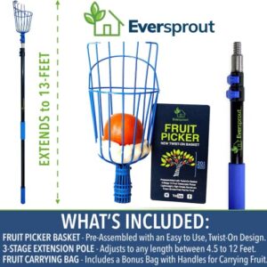 EVERSPROUT 12-Foot Fruit Picker (20+ Foot Reach) | Telescoping Fruit Picker Pole, Easy to Attach Twist-On Apple Basket | Lightweight, High-Grade Aluminum Extension Pole with Fruit Picker Basket