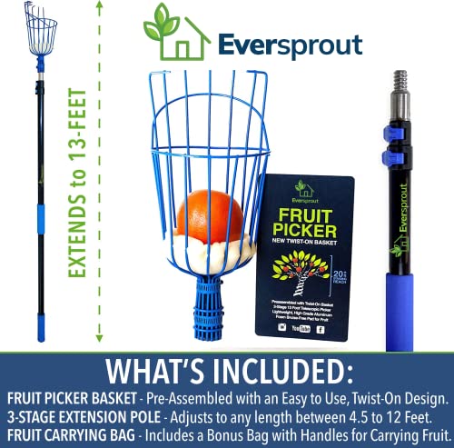 EVERSPROUT 12-Foot Fruit Picker (20+ Foot Reach) | Telescoping Fruit Picker Pole, Easy to Attach Twist-On Apple Basket | Lightweight, High-Grade Aluminum Extension Pole with Fruit Picker Basket