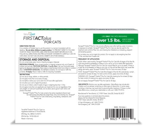 TevraPet FirstAct Plus Flea and Tick Topical for Cats over 1.5lbs, 3 Dose Flea and Tick Prevention. Waterproof Flea and Tick Control for 3 Months