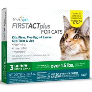 TevraPet FirstAct Plus Flea and Tick Topical for Cats over 1.5lbs, 3 Dose Flea and Tick Prevention. Waterproof Flea and Tick Control for 3 Months