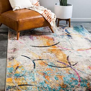 Unique Loom Chromatic Collection Modern Rustic & Vibrant Abstract Area Rug for Any Home Décor, Rectangular 5' 0" x 8' 0", Beige/Blue