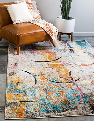 Unique Loom Chromatic Collection Modern Rustic & Vibrant Abstract Area Rug for Any Home Décor, Rectangular 5' 0" x 8' 0", Beige/Blue