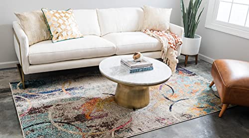 Unique Loom Chromatic Collection Modern Rustic & Vibrant Abstract Area Rug for Any Home Décor, Rectangular 5' 0" x 8' 0", Beige/Blue