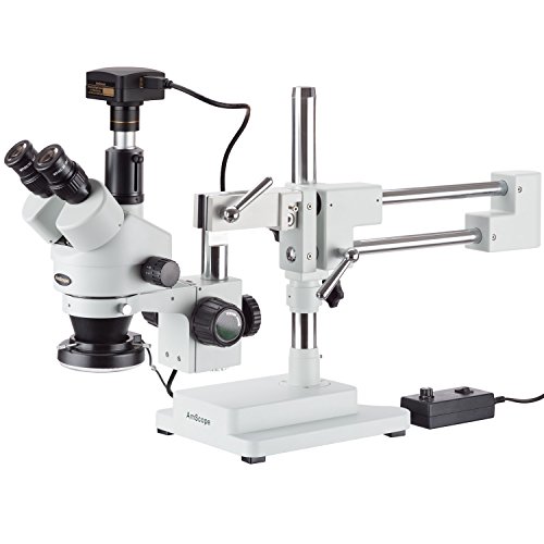 AmScope 3.5X-90X Simul-Focal Stereo Zoom Microscope on Boom Stand with 144-LED Ring Light and 10MP USB3 Camera