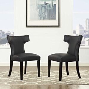 Modway Curve Mid-Century Vegan Leather Upholstered Dining Set with Nailhead Trim in Black, Two Chairs