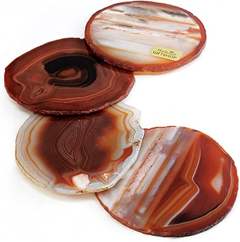 Gift Set of Four Genuine Brazilian (3.5"- 4") Agate Coasters. Includes Protective Rubber Bumpers - Natural