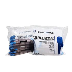 100 Dental Saliva Ejectors Disposable - Medical Grade Latex Free Evacuation Suction Tips - Flexible Clear Tube with Blue Tip (100 Pack) by PlastCare USA