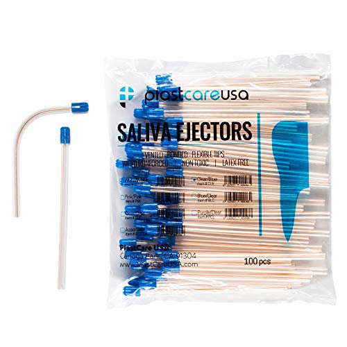 100 Dental Saliva Ejectors Disposable - Medical Grade Latex Free Evacuation Suction Tips - Flexible Clear Tube with Blue Tip (100 Pack) by PlastCare USA