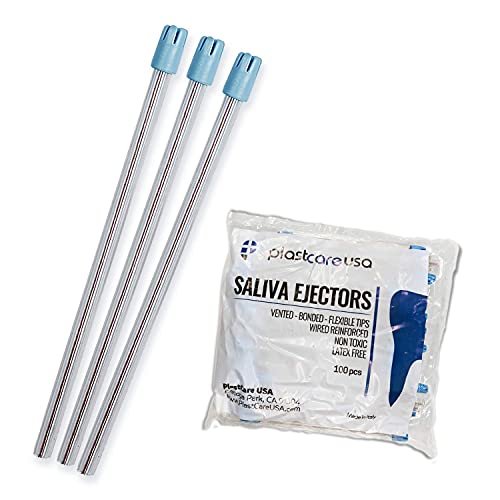 100 Dental Saliva Ejectors Disposable - Medical Grade Latex Free Evacuation Suction Tips - Flexible Clear Tube with Blue Tip (100 Pack) by PlastCare USA