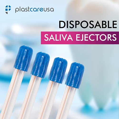 100 Dental Saliva Ejectors Disposable - Medical Grade Latex Free Evacuation Suction Tips - Flexible Clear Tube with Blue Tip (100 Pack) by PlastCare USA