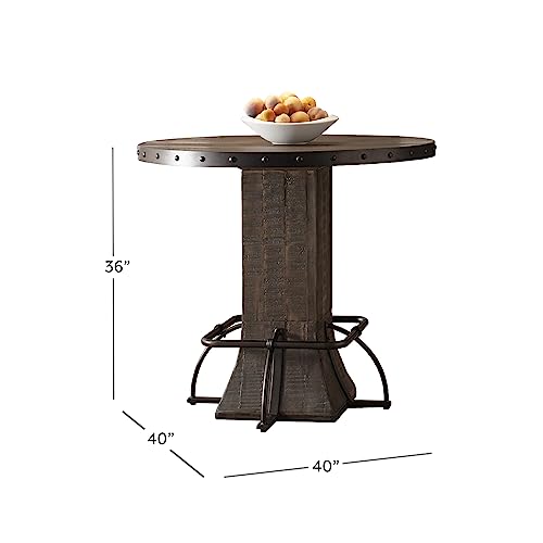 Hillsdale Jennings Round Counter Height Dining Table Pedestal Base, Distressed Walnut Finished Wood/Brown Metal