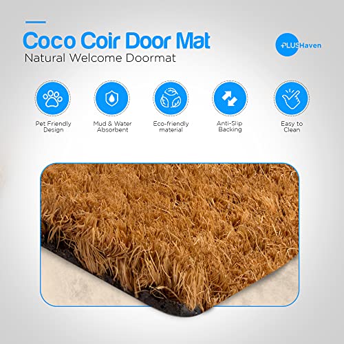 PLUS Haven Coco Coir Door Mat with Heavy Duty Backing, Natural Welcome Doormat, 17.5”x30”, Doormat Outdoor Entrance, Front Porch Door Mat, Easy to Clean Entry Mat, Outdoor and Indoor Uses, Home Decor