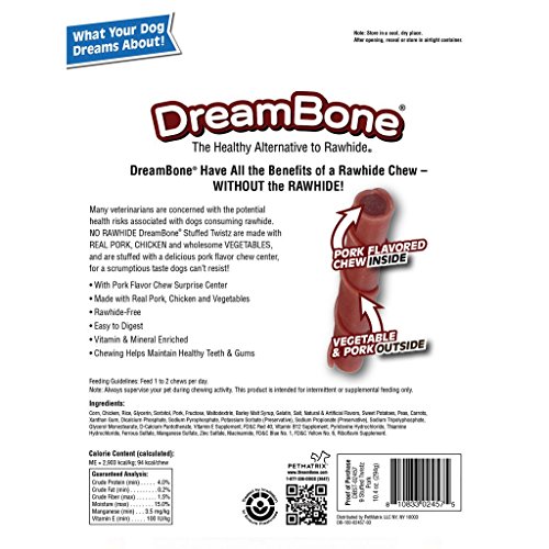 DreamBone Stuffed Twistz, Rawhide Free Dog Chew Sticks Made with Real Pork and Vegetables, 10 Count