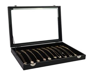 wudygirl 20 hooks necklace tray storage box jewelry display stackable glass top lockable black velvet boxes(necklace box)