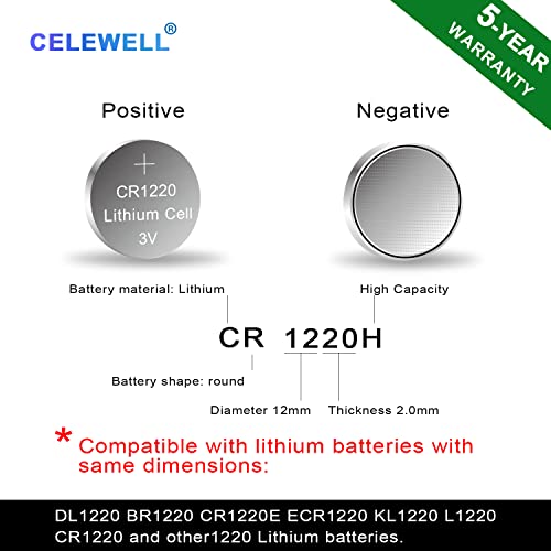 CELEWELL CR1220 5-Pack 3V Lithium Battery 40mAh for LED Light/Bracelet/Flashlight【5-Year Warranty】