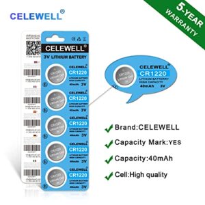 CELEWELL CR1220 5-Pack 3V Lithium Battery 40mAh for LED Light/Bracelet/Flashlight【5-Year Warranty】