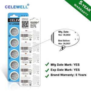 CELEWELL CR1220 5-Pack 3V Lithium Battery 40mAh for LED Light/Bracelet/Flashlight【5-Year Warranty】