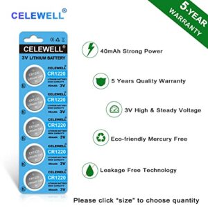 CELEWELL CR1220 5-Pack 3V Lithium Battery 40mAh for LED Light/Bracelet/Flashlight【5-Year Warranty】