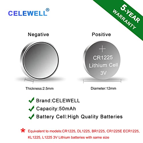 CELEWELL 【5-Year Warranty】 5 Pack CR1225 3V Lithium Battery