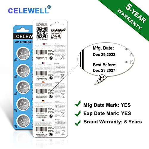 CELEWELL 【5-Year Warranty】 5 Pack CR1225 3V Lithium Battery