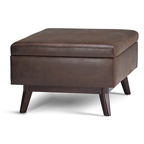 SIMPLIHOME Owen 34 Inch Wide Mid Century Modern Rectangle Coffee Table Lift Top Storage Ottoman in Upholstered Distressed Chestnut Brown Faux Leather, For the Living Room