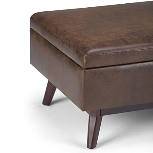 SIMPLIHOME Owen 34 Inch Wide Mid Century Modern Rectangle Coffee Table Lift Top Storage Ottoman in Upholstered Distressed Chestnut Brown Faux Leather, For the Living Room