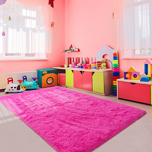 Noahas Fluffy Bedroom Rug Plush Fuzzy Rugs for Kids Room Living Room, Soft Shaggy Nursery Rug Furry Floor Carpet Modern Indoor Bedroom Decor Cute Boys Girls Room Rug, 4x5.3 Feet, Hot Pink