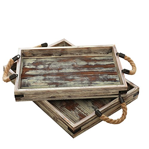 MyGift Country Rustic Torched Wood Rectangular Coffee Breakfast Serving Tray with Rope Handles, Set of 2