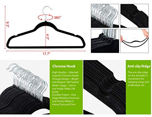 Yaheetech Non Slip Velvet Hangers - Heavy Duty -Flocked Hangers Coat Suit Hangers Space Saving Clothes Hangers with Swivel Hook, Black - Pack of 100