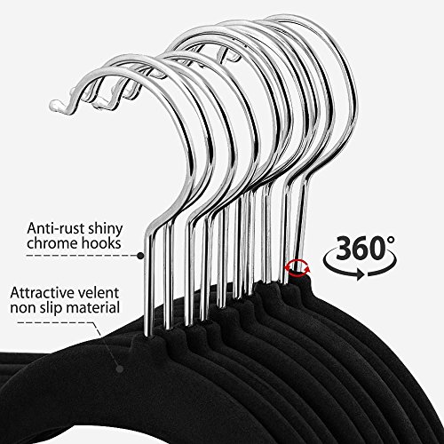 Yaheetech Non Slip Velvet Hangers - Heavy Duty -Flocked Hangers Coat Suit Hangers Space Saving Clothes Hangers with Swivel Hook, Black - Pack of 100