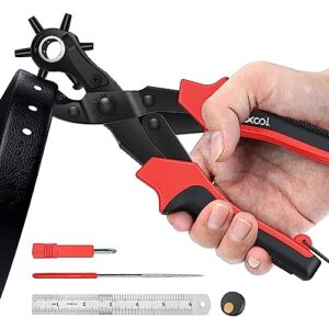 revolving punch plier kit, xool leather hole punch set for belts, watch bands, straps, dog collars, saddles, shoes, fabric, diy home or craft projects, heavy duty rotary puncher, multi hole sizes make