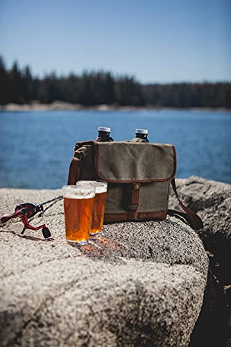 LEGACY - a Picnic Time brand Insulated Double Glass Growler Tote, Beer Gifts for Men, Waxed Canvas Tote Bag Water Bottle Carrier, (Khaki Green with Brown Accents)