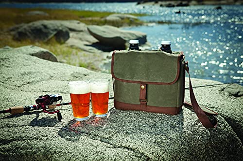 LEGACY - a Picnic Time brand Insulated Double Glass Growler Tote, Beer Gifts for Men, Waxed Canvas Tote Bag Water Bottle Carrier, (Khaki Green with Brown Accents)