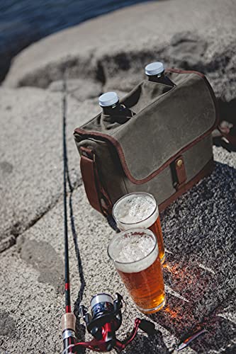 LEGACY - a Picnic Time brand Insulated Double Glass Growler Tote, Beer Gifts for Men, Waxed Canvas Tote Bag Water Bottle Carrier, (Khaki Green with Brown Accents)