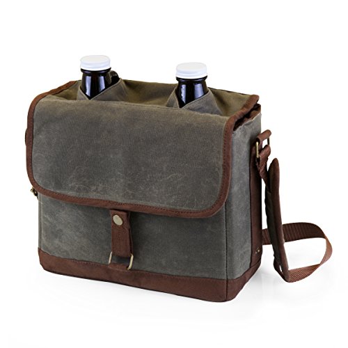 LEGACY - a Picnic Time brand Insulated Double Glass Growler Tote, Beer Gifts for Men, Waxed Canvas Tote Bag Water Bottle Carrier, (Khaki Green with Brown Accents)