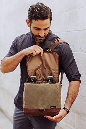 LEGACY - a Picnic Time brand Insulated Double Glass Growler Tote, Beer Gifts for Men, Waxed Canvas Tote Bag Water Bottle Carrier, (Khaki Green with Brown Accents)