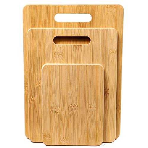 K BASIX Wood Bamboo Cutting Board Set of 3 with Handle, Organic Wood Cutting Board for Chopping Meat, Butcher Block, Veggies & Cheese, for Kitchen