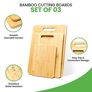 K BASIX Wood Bamboo Cutting Board Set of 3 with Handle, Organic Wood Cutting Board for Chopping Meat, Butcher Block, Veggies & Cheese, for Kitchen