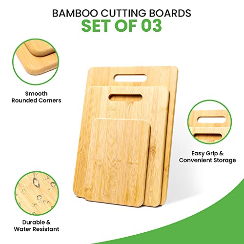 K BASIX Wood Bamboo Cutting Board Set of 3 with Handle, Organic Wood Cutting Board for Chopping Meat, Butcher Block, Veggies & Cheese, for Kitchen