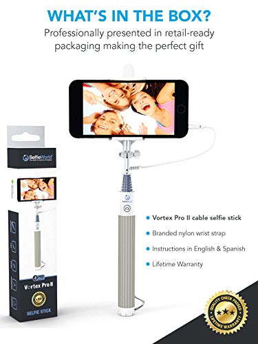 Premium 5-in-1 Wired Selfie Stick for iPhone 11 10 XR XS 9 8 7 6 5, Samsung Galaxy S10 S9 S8 S7 S6 S5 - Takes Selfies in Seconds, Get Perfect HD Photos - No Apps, No Downloads, No Batteries Required