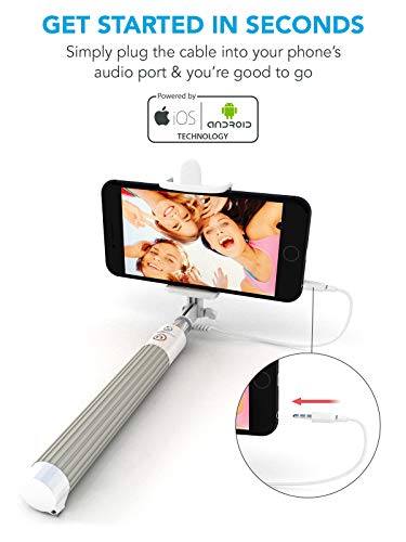 Premium 5-in-1 Wired Selfie Stick for iPhone 11 10 XR XS 9 8 7 6 5, Samsung Galaxy S10 S9 S8 S7 S6 S5 - Takes Selfies in Seconds, Get Perfect HD Photos - No Apps, No Downloads, No Batteries Required